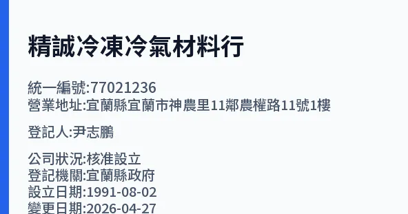 精誠冷凍冷氣材料行的照片-統編 77021236(宜蘭縣) 公司登記資料與營業項目詳細圖表