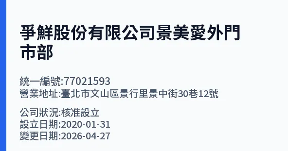 爭鮮股份有限公司景美愛外門市部的照片-統編 77021593(臺北市) 公司登記資料與營業項目詳細圖表