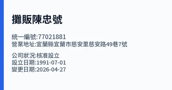 攤販陳忠號的照片-統編 77021881(宜蘭縣) 公司登記資料與營業項目詳細圖表