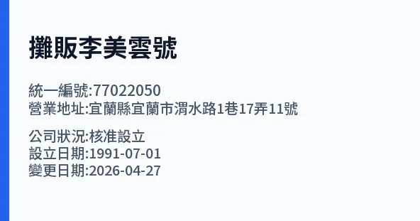 攤販李美雲號的照片-統編 77022050(宜蘭縣) 公司登記資料與營業項目詳細圖表