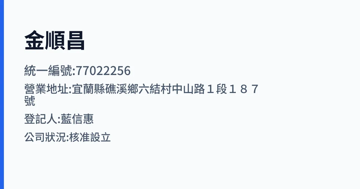 金順昌 - 統編 77022256(宜蘭縣) 公司登記資料與營業項目詳細圖表
