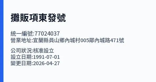 攤販項東發號的照片-統編 77024037(宜蘭縣) 公司登記資料與營業項目詳細圖表