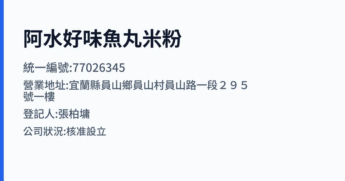 阿水好味魚丸米粉 - 統編 77026345(宜蘭縣) 公司登記資料與營業項目詳細圖表