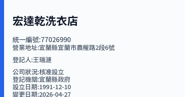 宏達乾洗衣店的照片-統編 77026990(宜蘭縣) 公司登記資料與營業項目詳細圖表