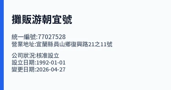 攤販游朝宜號的照片-統編 77027528(宜蘭縣) 公司登記資料與營業項目詳細圖表