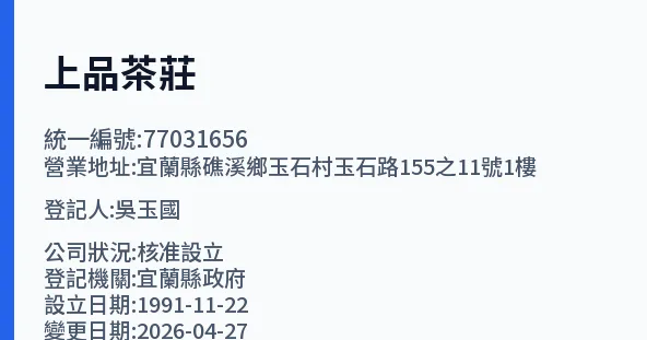 上品茶莊的照片-統編 77031656(宜蘭縣) 公司登記資料與營業項目詳細圖表