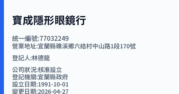 寶成隱形眼鏡行的照片-統編 77032249(宜蘭縣) 公司登記資料與營業項目詳細圖表