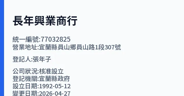 長年興業商行的照片-統編 77032825(宜蘭縣) 公司登記資料與營業項目詳細圖表
