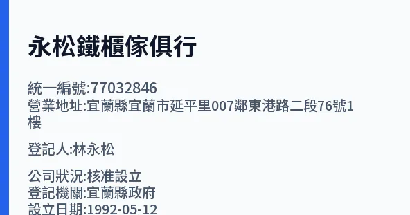 永松鐵櫃傢俱行的照片-統編 77032846(宜蘭縣) 公司登記資料與營業項目詳細圖表