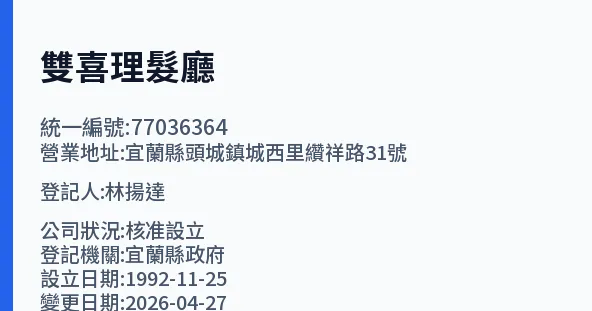 雙喜理髮廳的照片-統編 77036364(宜蘭縣) 公司登記資料與營業項目詳細圖表