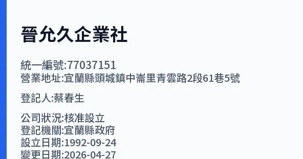 晉允久企業社的照片-統編 77037151(宜蘭縣) 公司登記資料與營業項目詳細圖表