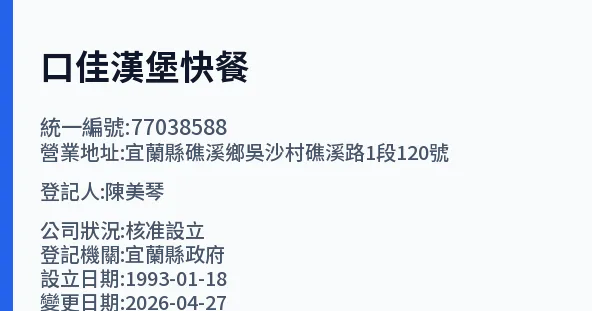 口佳漢堡快餐的照片-統編 77038588(宜蘭縣) 公司登記資料與營業項目詳細圖表