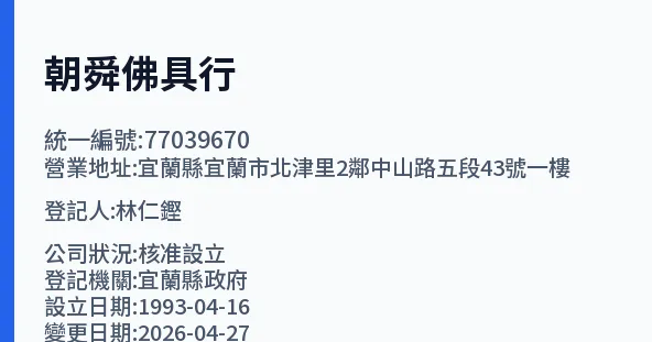 朝舜佛具行的照片-統編 77039670(宜蘭縣) 公司登記資料與營業項目詳細圖表