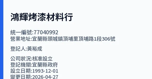 鴻輝烤漆材料行的照片-統編 77040992(宜蘭縣) 公司登記資料與營業項目詳細圖表