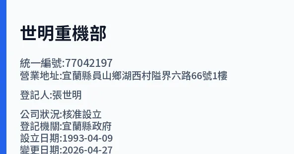 世明重機部的照片-統編 77042197(宜蘭縣) 公司登記資料與營業項目詳細圖表