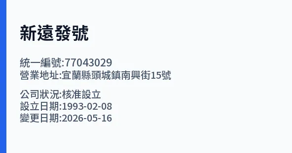新遠發號的照片-統編 77043029(宜蘭縣) 公司登記資料與營業項目詳細圖表