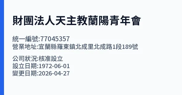財團法人天主教蘭陽青年會的照片-統編 77045357(宜蘭縣) 公司登記資料與營業項目詳細圖表