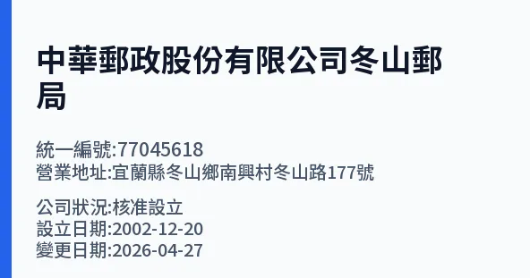 中華郵政股份有限公司冬山郵局的照片-統編 77045618(宜蘭縣) 公司登記資料與營業項目詳細圖表