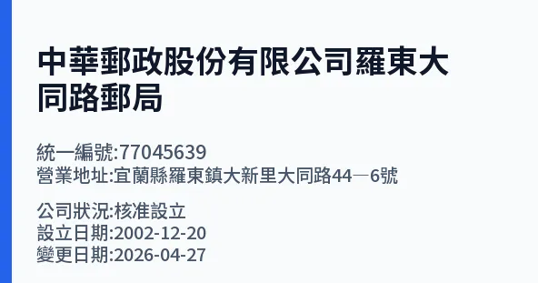 中華郵政股份有限公司羅東大同路郵局的照片-統編 77045639(宜蘭縣) 公司登記資料與營業項目詳細圖表