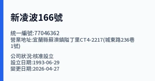 新凌波166號的照片-統編 77046362(宜蘭縣) 公司登記資料與營業項目詳細圖表