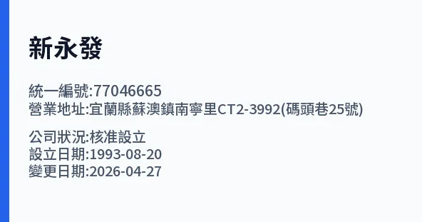 新永發的照片-統編 77046665(宜蘭縣) 公司登記資料與營業項目詳細圖表