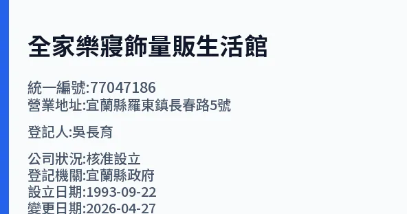 全家樂寢飾量販生活館的照片-統編 77047186(宜蘭縣) 公司登記資料與營業項目詳細圖表