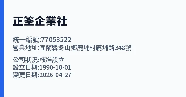 正筌企業社的照片-統編 77053222(宜蘭縣) 公司登記資料與營業項目詳細圖表