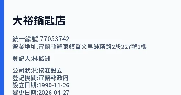 大裕鑰匙店的照片-統編 77053742(宜蘭縣) 公司登記資料與營業項目詳細圖表