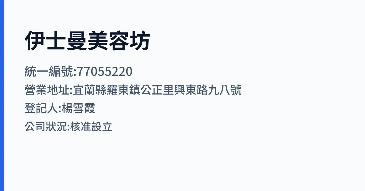 伊士曼美容坊 - 統編 77055220(宜蘭縣) 公司登記資料與營業項目詳細圖表