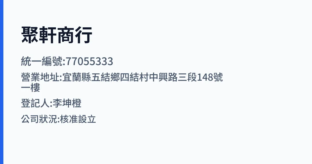 聚軒商行 - 統編 77055333(宜蘭縣) 公司登記資料與營業項目詳細圖表