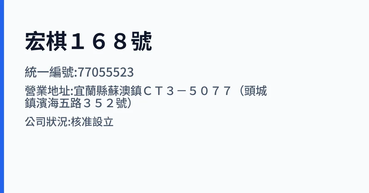 宏棋168號 - 統編 77055523(宜蘭縣) 公司登記資料與營業項目詳細圖表