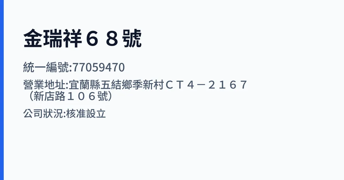 金瑞祥68號 - 統編 77059470(宜蘭縣) 公司登記資料與營業項目詳細圖表