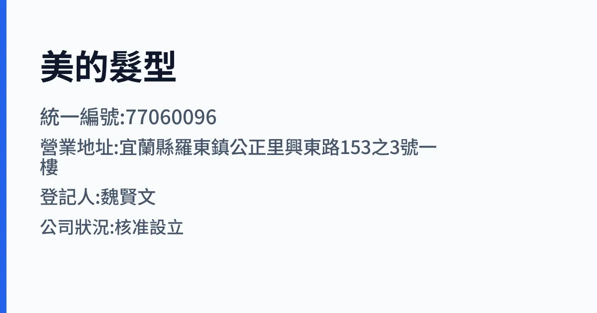美的髮型 - 統編 77060096(宜蘭縣) 公司登記資料與營業項目詳細圖表