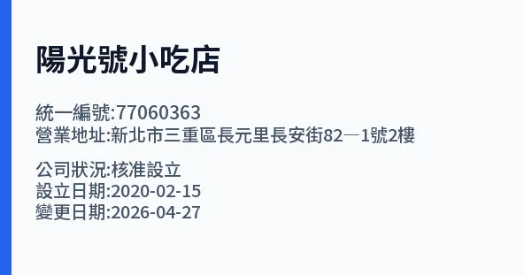 陽光號小吃店的照片-統編 77060363(新北市) 公司登記資料與營業項目詳細圖表