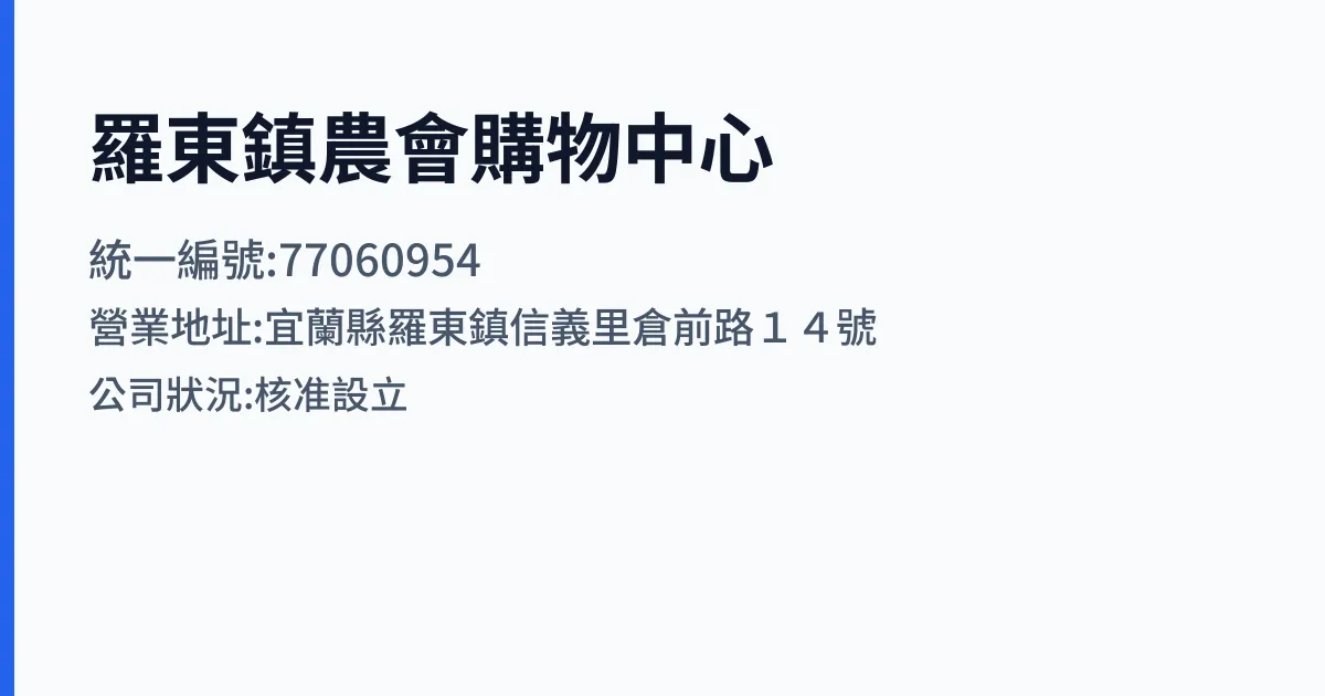 羅東鎮農會購物中心 - 統編 77060954(宜蘭縣) 公司登記資料與營業項目詳細圖表