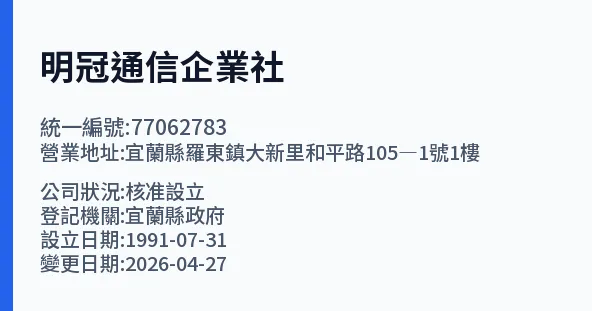 明冠通信企業社的照片-統編 77062783(宜蘭縣) 公司登記資料與營業項目詳細圖表