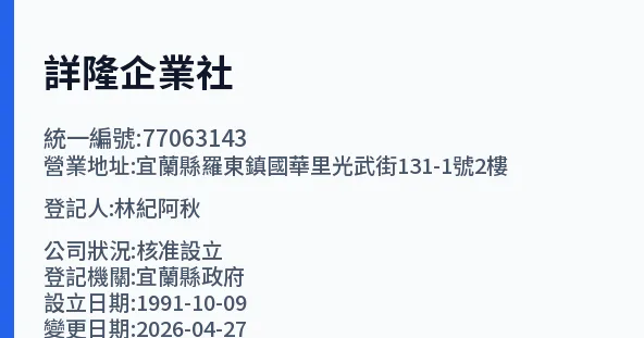 詳隆企業社的照片-統編 77063143(宜蘭縣) 公司登記資料與營業項目詳細圖表