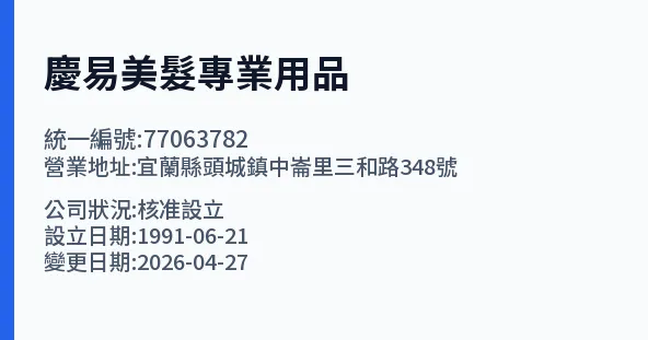 慶易美髮專業用品的照片-統編 77063782(宜蘭縣) 公司登記資料與營業項目詳細圖表