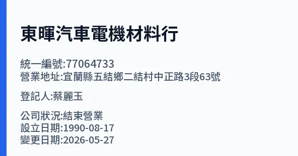 東暉汽車電機材料行的照片-統編 77064733(宜蘭縣) 公司登記資料與營業項目詳細圖表