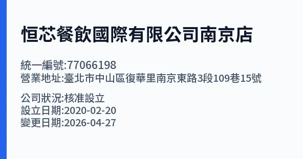 恒芯餐飲國際有限公司南京店的照片-統編 77066198(臺北市) 公司登記資料與營業項目詳細圖表