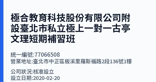 極合教育科技股份有限公司附設臺北市私立極上一對一古亭文理短期補習班的照片-統編 77066508(臺北市) 公司登記資料與營業項目詳細圖表