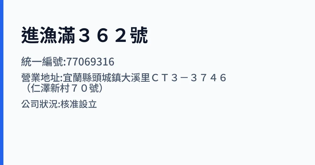 進漁滿３６２號 - 統編 77069316(宜蘭縣) 公司登記資料與營業項目詳細圖表