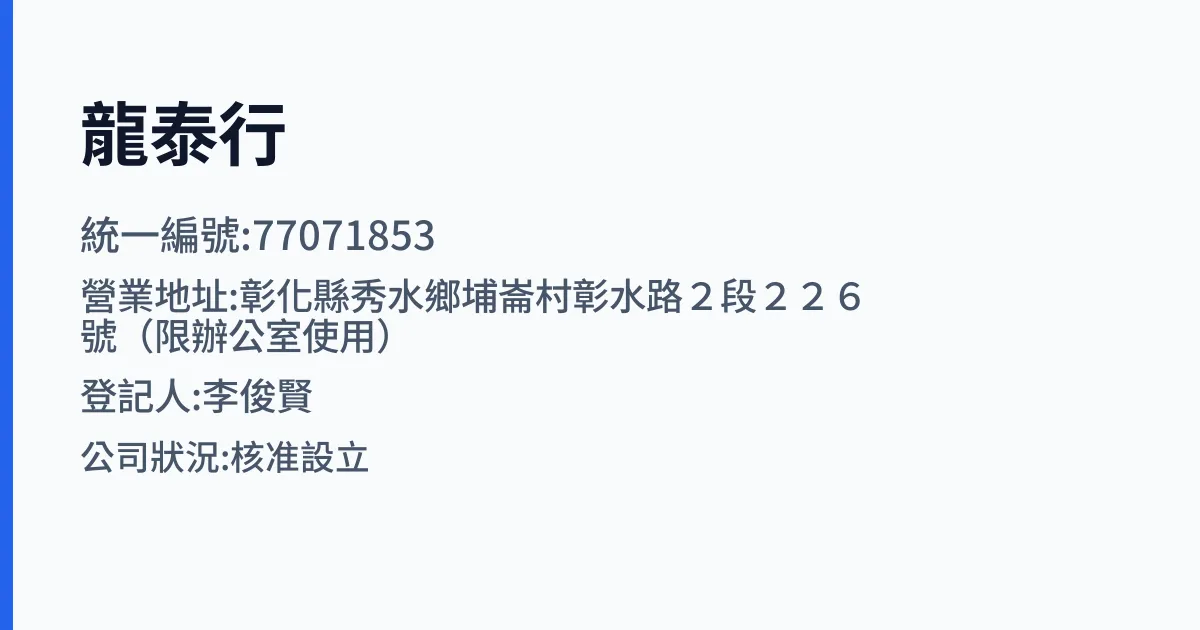 龍泰行 - 統編 77071853(彰化縣) 公司登記資料與營業項目詳細圖表
