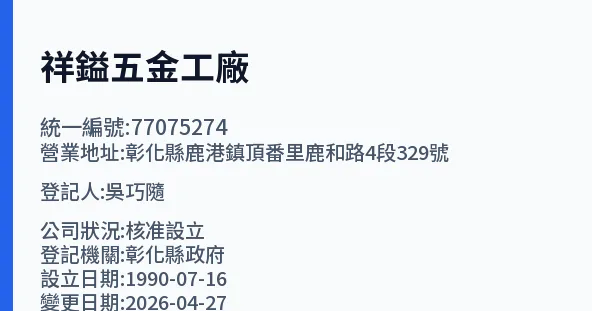 祥鎰五金工廠的照片-統編 77075274(彰化縣) 公司登記資料與營業項目詳細圖表