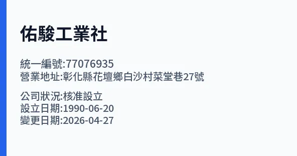 佑駿工業社的照片-統編 77076935(彰化縣) 公司登記資料與營業項目詳細圖表