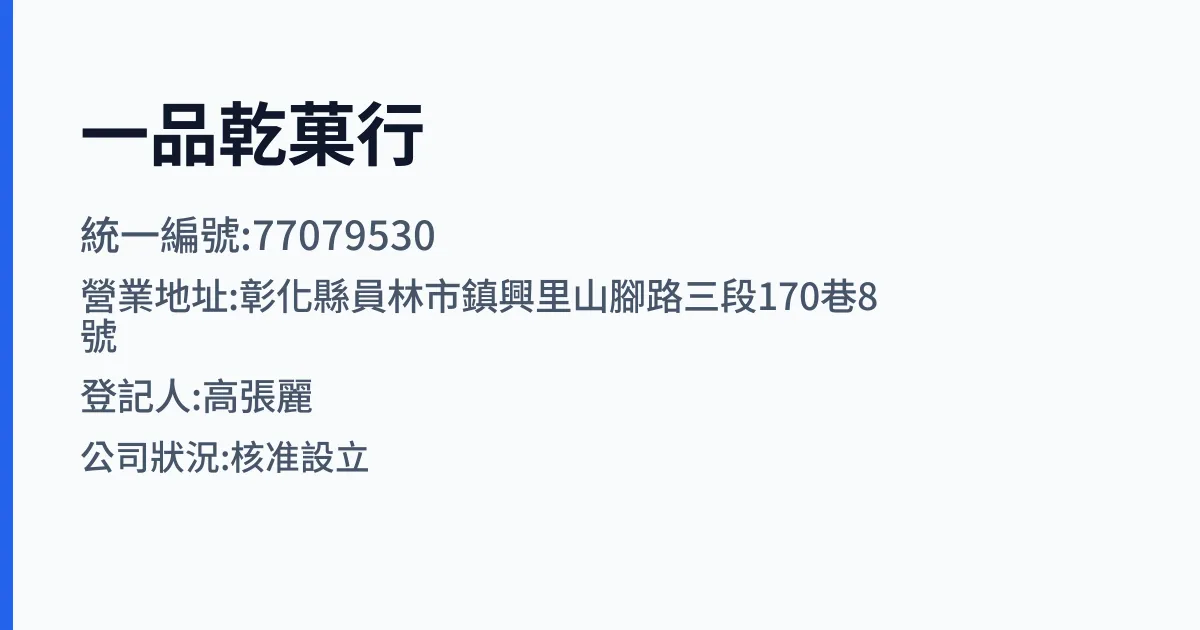 一品乾菓行 - 統編 77079530(彰化縣) 公司登記資料與營業項目詳細圖表