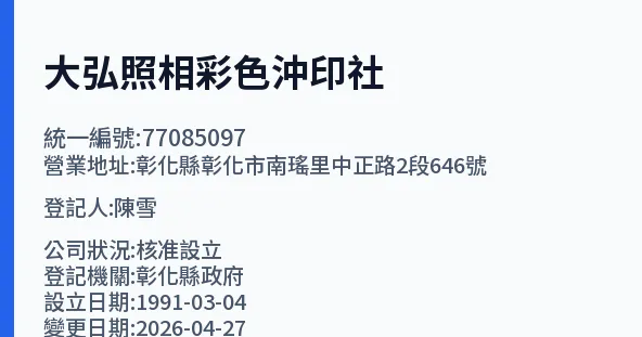大弘照相彩色沖印社的照片-統編 77085097(彰化縣) 公司登記資料與營業項目詳細圖表