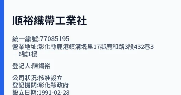 順裕織帶工業社的照片-統編 77085195(彰化縣) 公司登記資料與營業項目詳細圖表