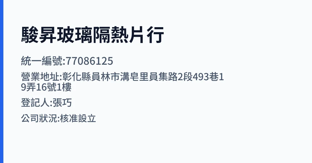 駿昇玻璃隔熱片行 - 統編 77086125(彰化縣) 公司登記資料與營業項目詳細圖表