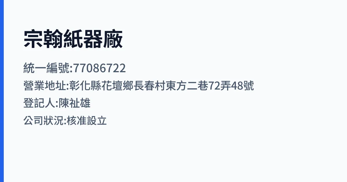 宗翰紙器廠 - 統編 77086722(彰化縣) 公司登記資料與營業項目詳細圖表
